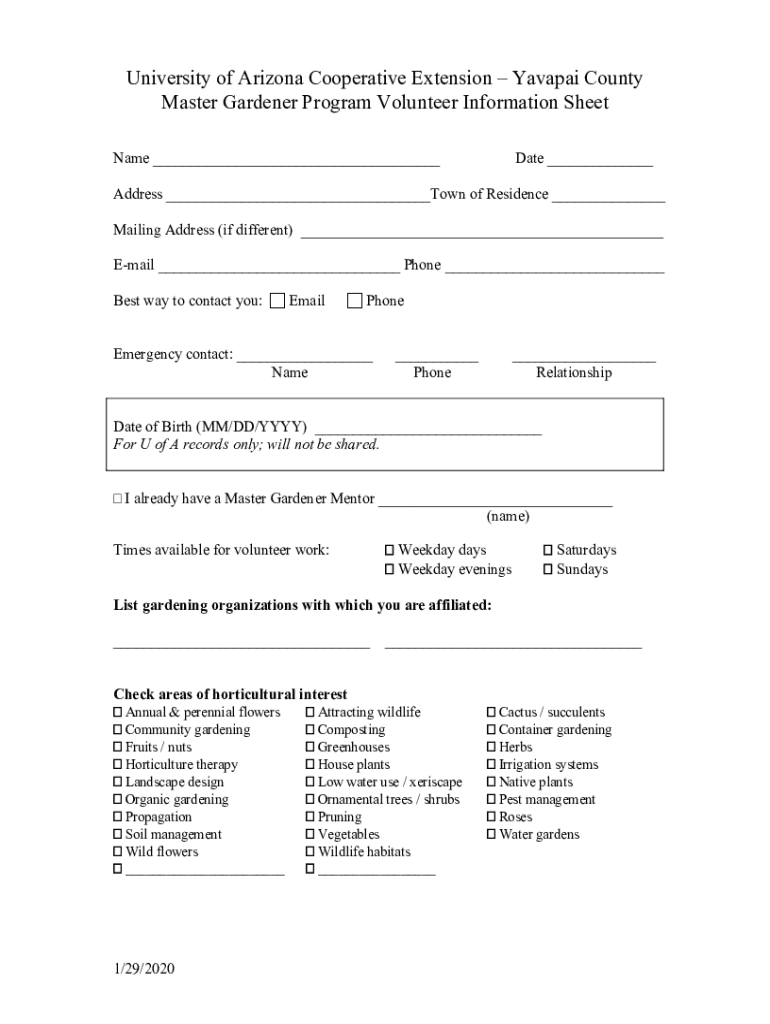 Fillable Online extension arizona Master Gardener Volunteer Program ... - Cooperative Extension ...
