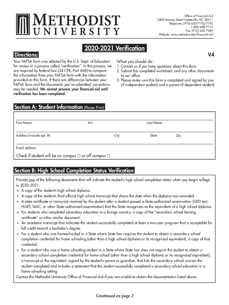 Fillable Online 2020-2021 Verification Worksheet - Methodist University Fax Email Print - pdfFiller