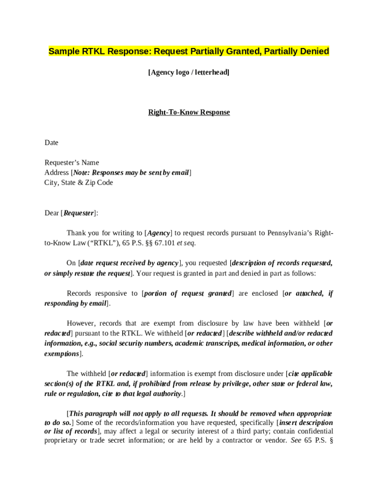 Right-to-Know Sample Granted in Part/Denial in Part Doc Template ...