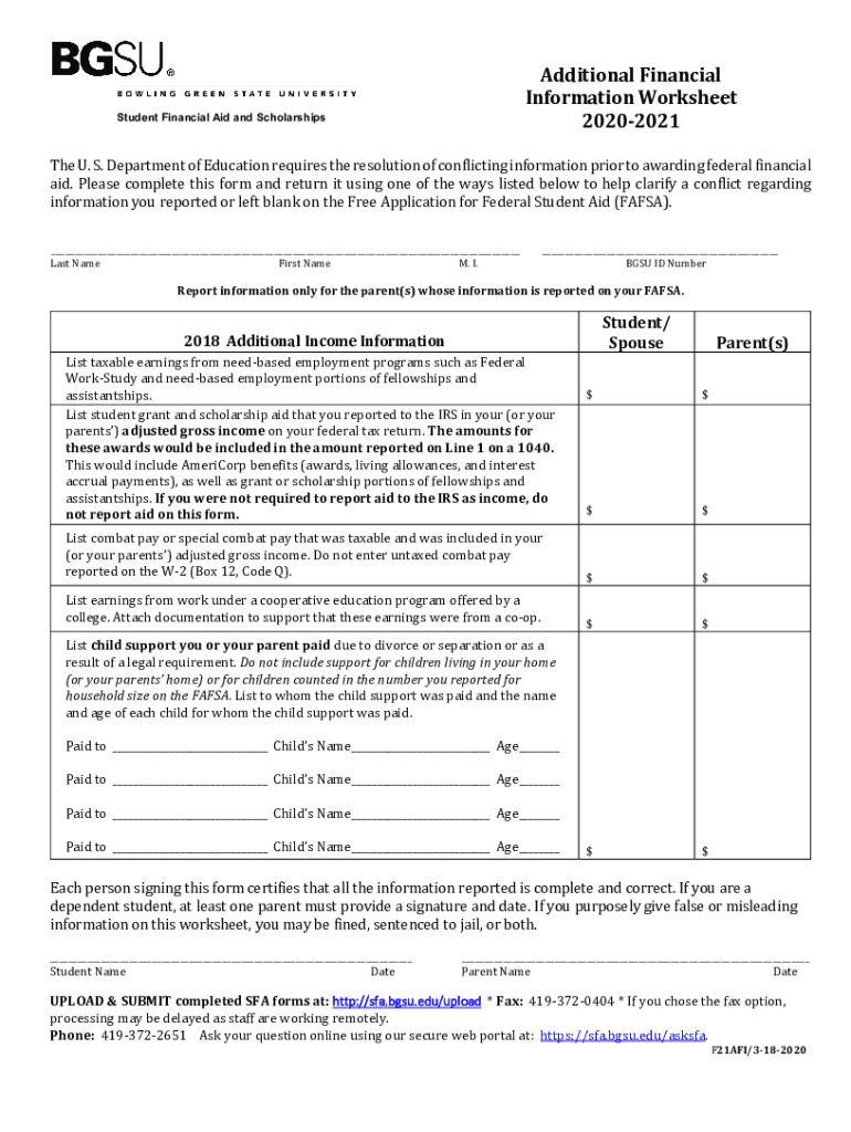 Fillable Online Additional Financial Information Worksheet 2020-2021 Fax Email Print - pdfFiller