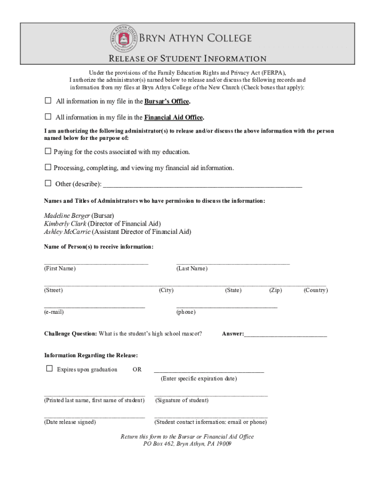 Fillable Online STUDENT INFORMATION RELEASE AUTHORIZATION Family ...