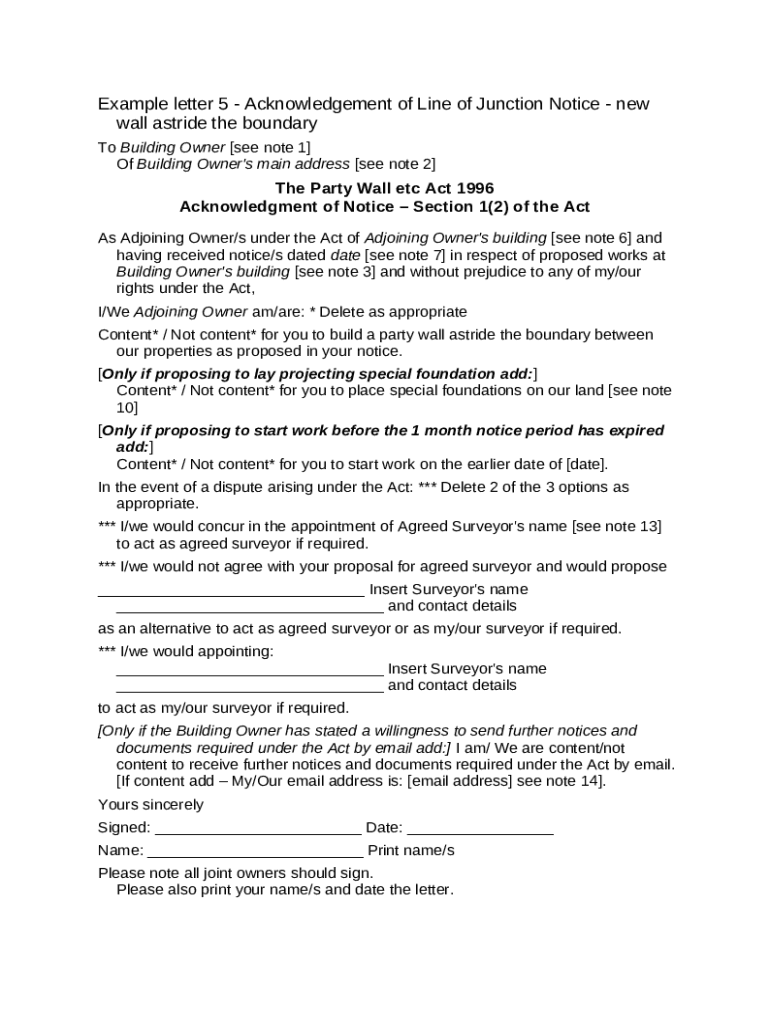 Acknowledgement of Line of Junction NoticeNew wall wholly on ... Doc ...