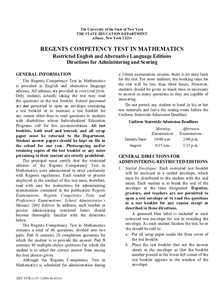 Fillable Online REGENTS COMPETENCY TEST IN MATHEMATICS - New York State ...