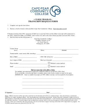Fillable Online CE-RISE PROGRAM TRANSCRIPT REQUEST FORM Fax Email Print ...