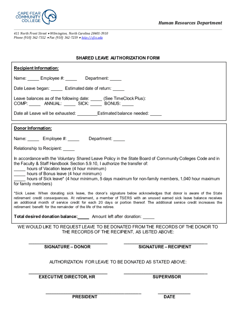 Fillable Online Shared Leave Authorization Fax Email Print - pdfFiller