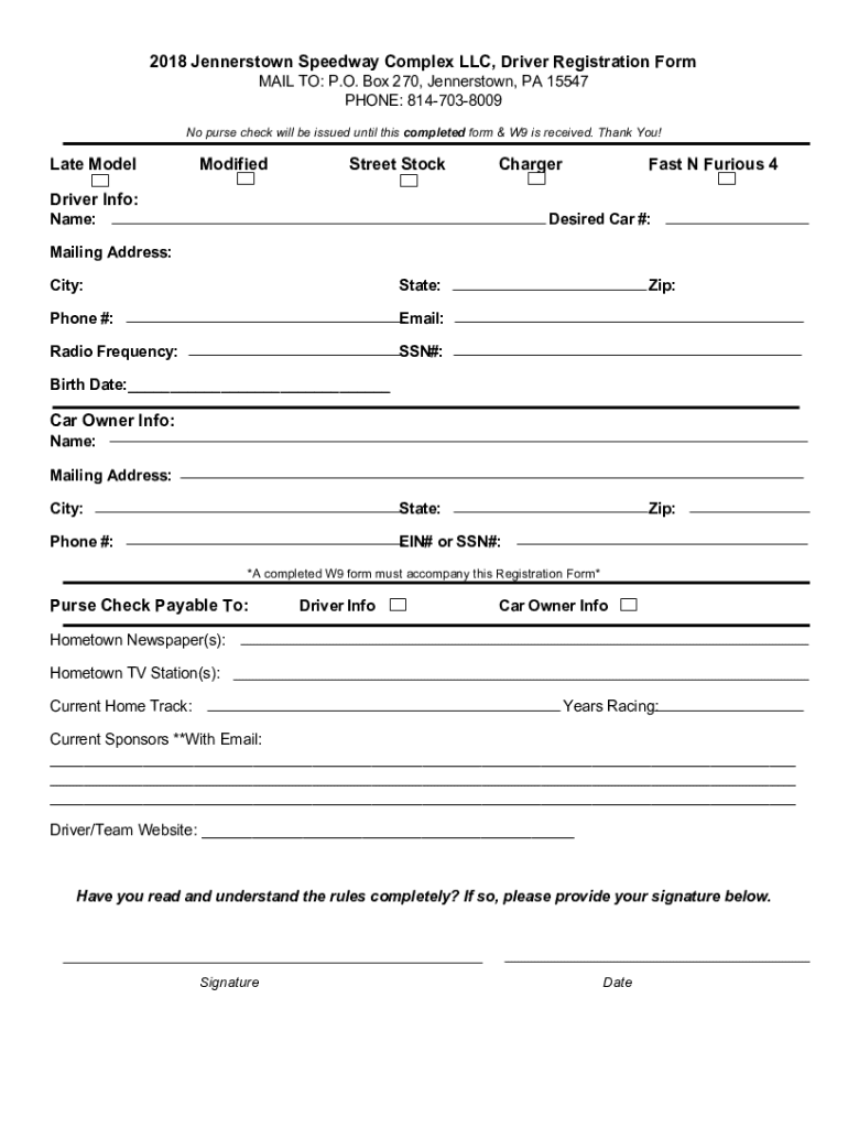 Fillable Online 2018 Jennerstown Speedway Complex LLC, Driver ...