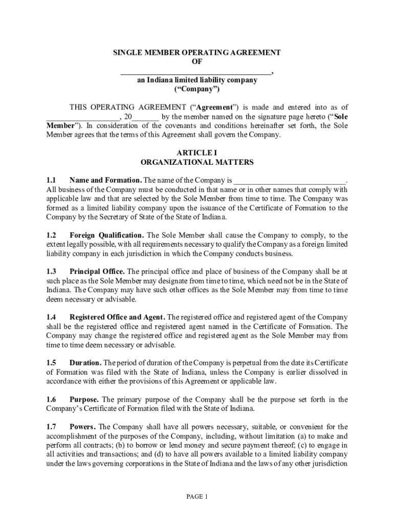 Fillable Online Free Indiana LLC Operating Agreement Templates ...