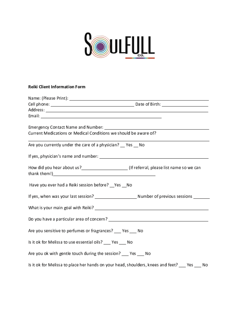 Fillable Online Reiki Client Info Form - Borer Family Chiropractic Fax ...