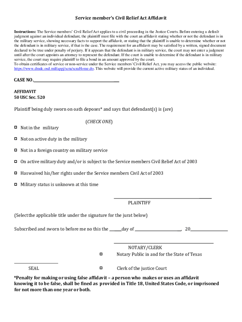 Fillable Online Service members Civil Relief Act Affidavit Fax Email ...