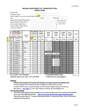 Fillable Online INDIANA DEPARTMENT OF TRANSPORTATION ORDER FORM Ordered ...