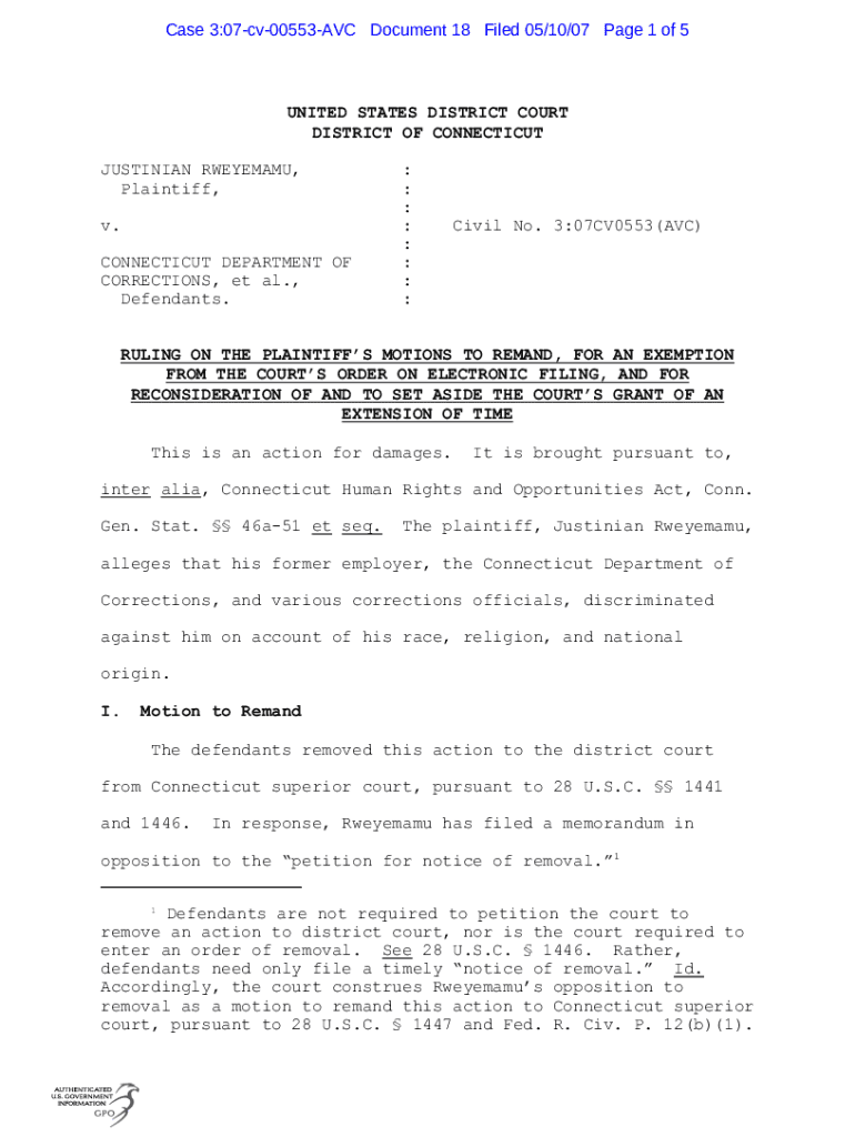 Fillable Online Case 3:07-cv-00553-AVC Document 18 Filed 05/10/07 Page ...
