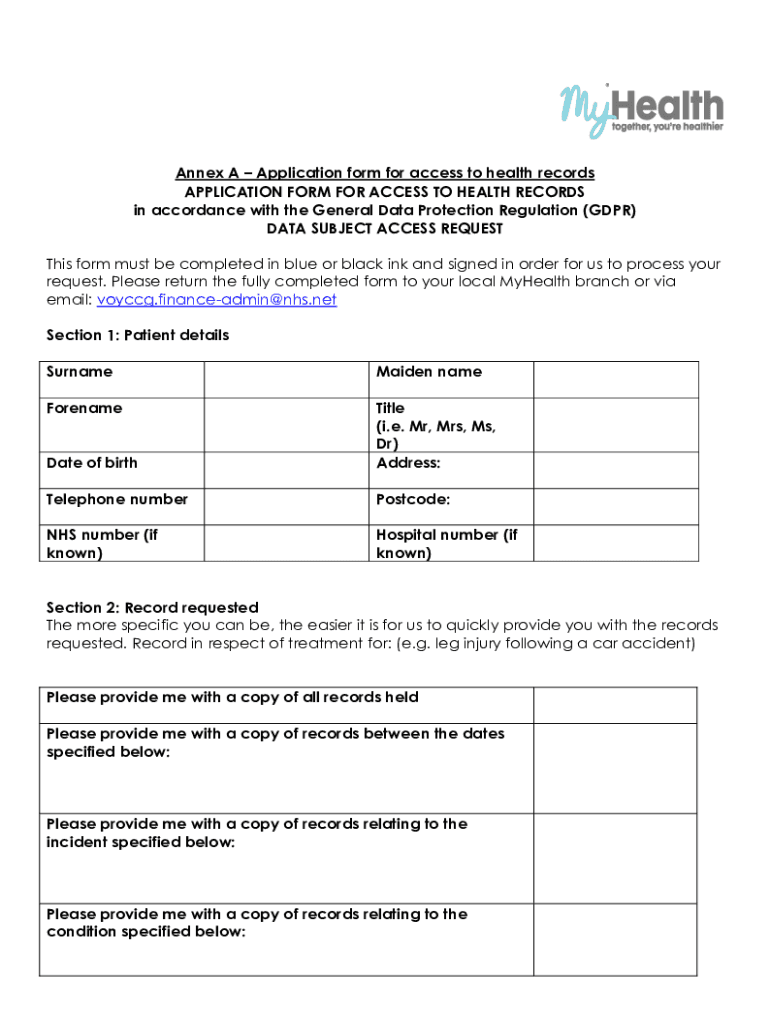 Fillable Online Annex AApplication form for access to health records Fax Email Print - pdfFiller