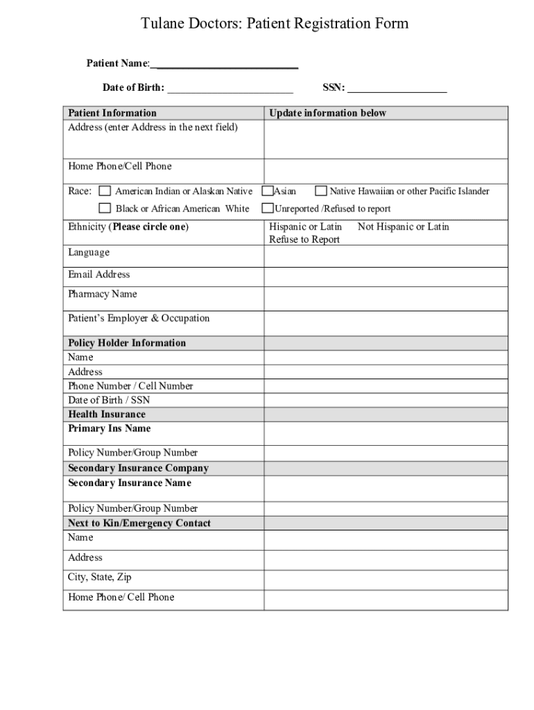 Fillable Online Tulane Doctors: Patient Registration Form Fax Email ...