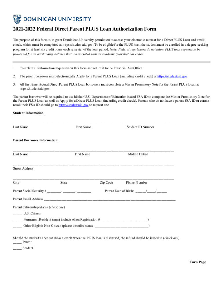 Fillable Online 2021-2022 Federal Direct Parent PLUS Loan Authorization Form Fax Email Print ...