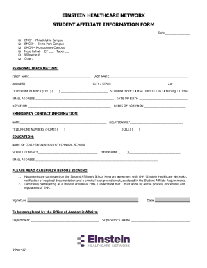 Fillable Online EINSTEIN HEALTHCARE NETWORK STUDENT AFFILIATE ...