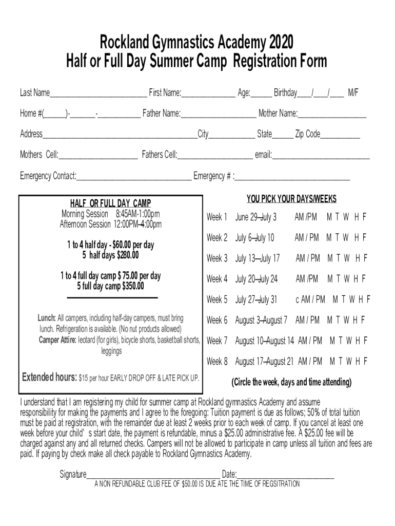 Fillable Online Rockland Gymnastics Academy 2020 Half or Full Day Summer ... Fax Email Print ...