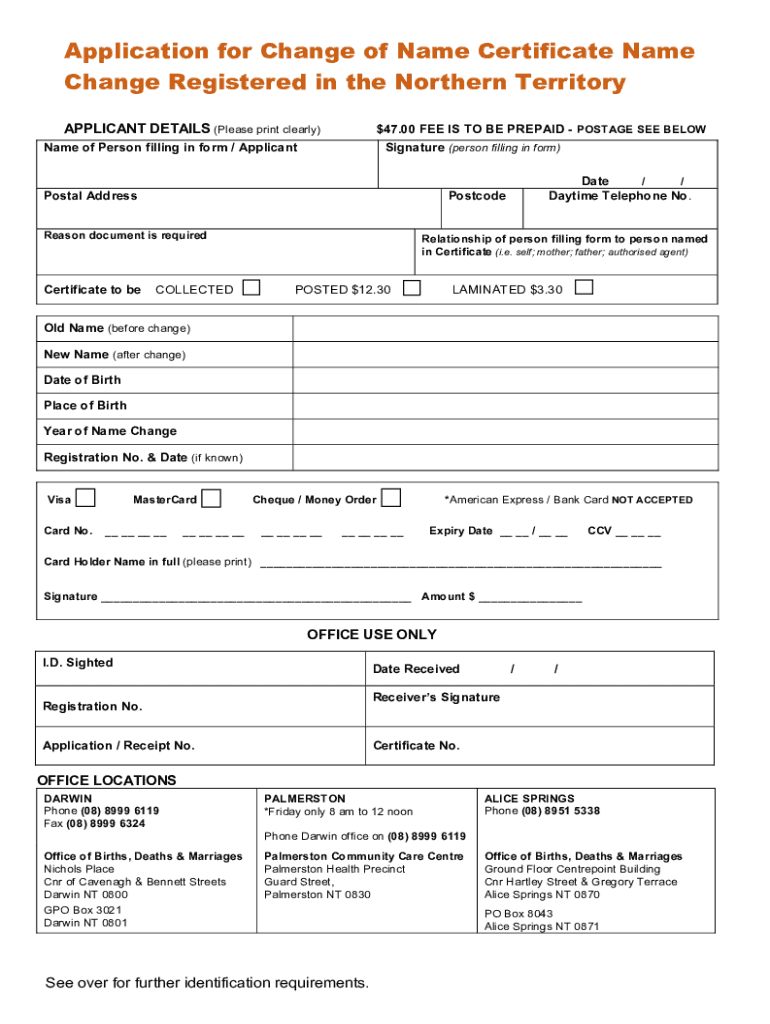 Fillable Online nt gov Application for Change of Name Certificate Name ...