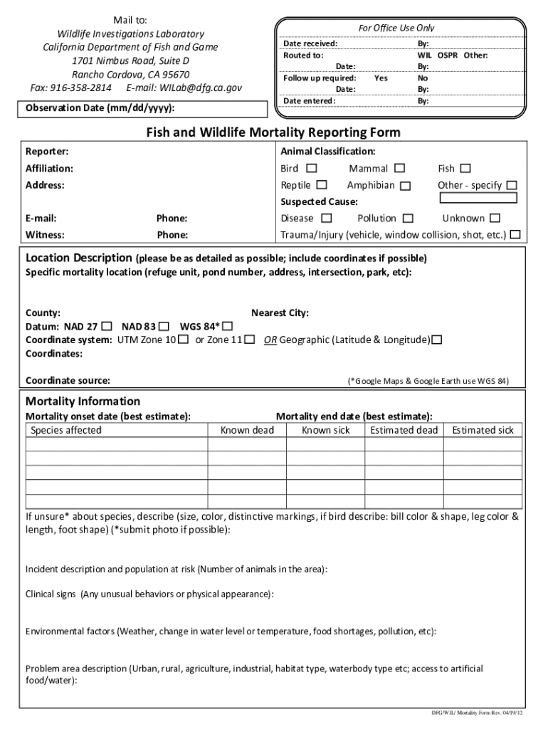 Fillable Online Fish and Wildlife Mortality Reporting Form. wildlife ...