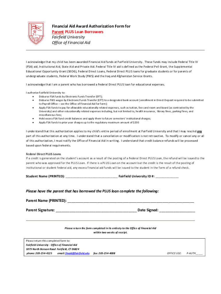 Fillable Online Financial Aid Award Authorization Form for Parent PLUS ...