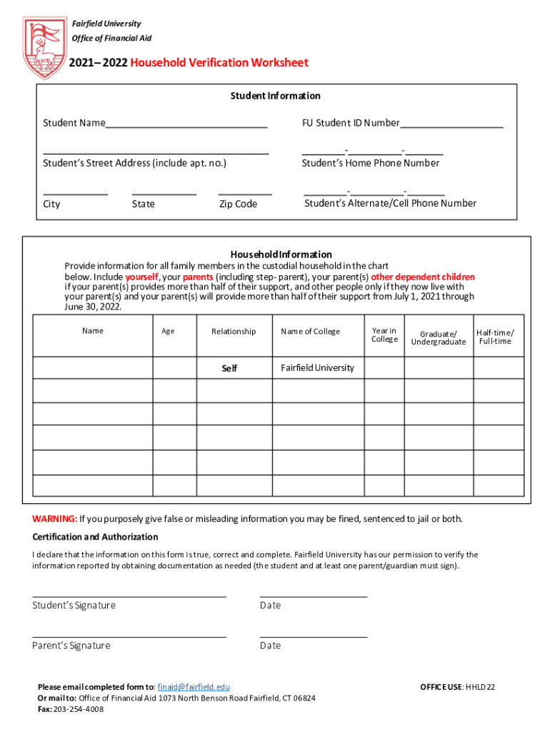 Fillable Online 2022 Independent Verification Worksheet - Fairfield ...