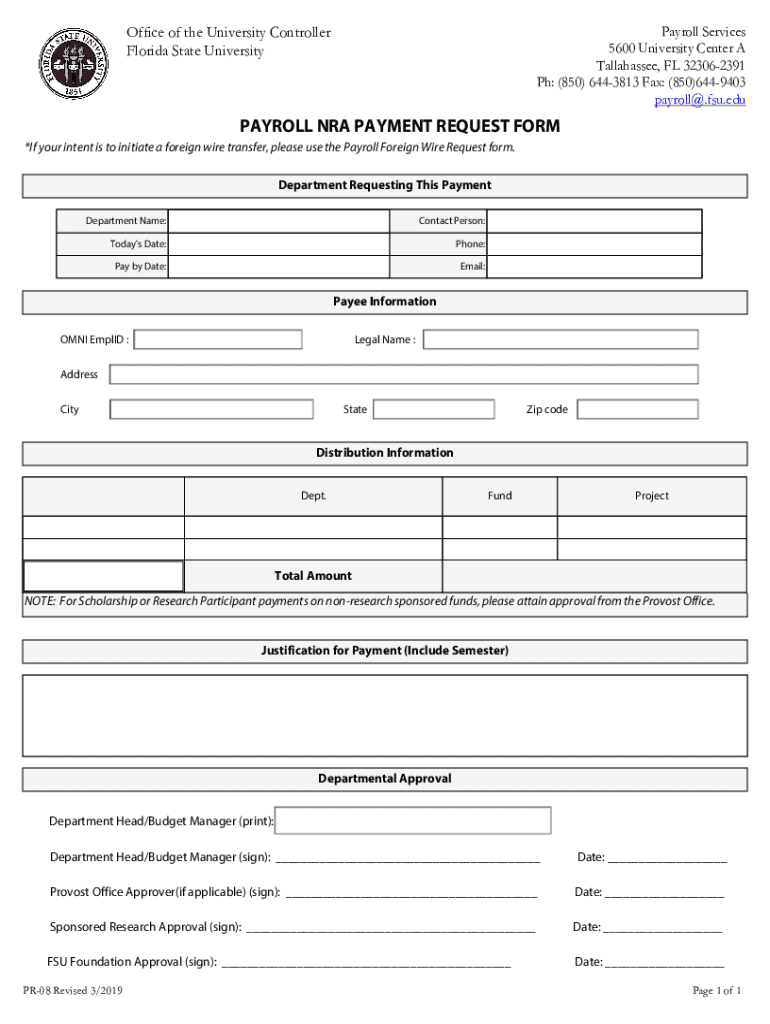 Fillable Online controller vpfa fsu PAYROLL FOREIGN WIRE REQUEST - Florida State University Fax ...