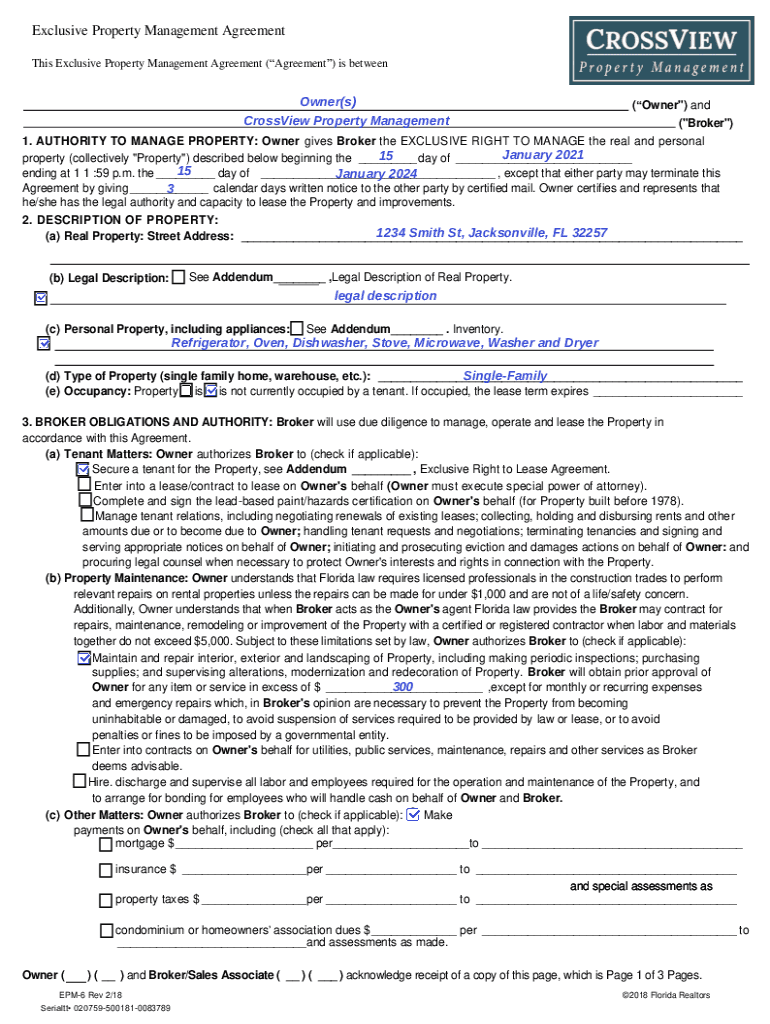 Fillable Online This Exclusive Property Management Agreement is between ...