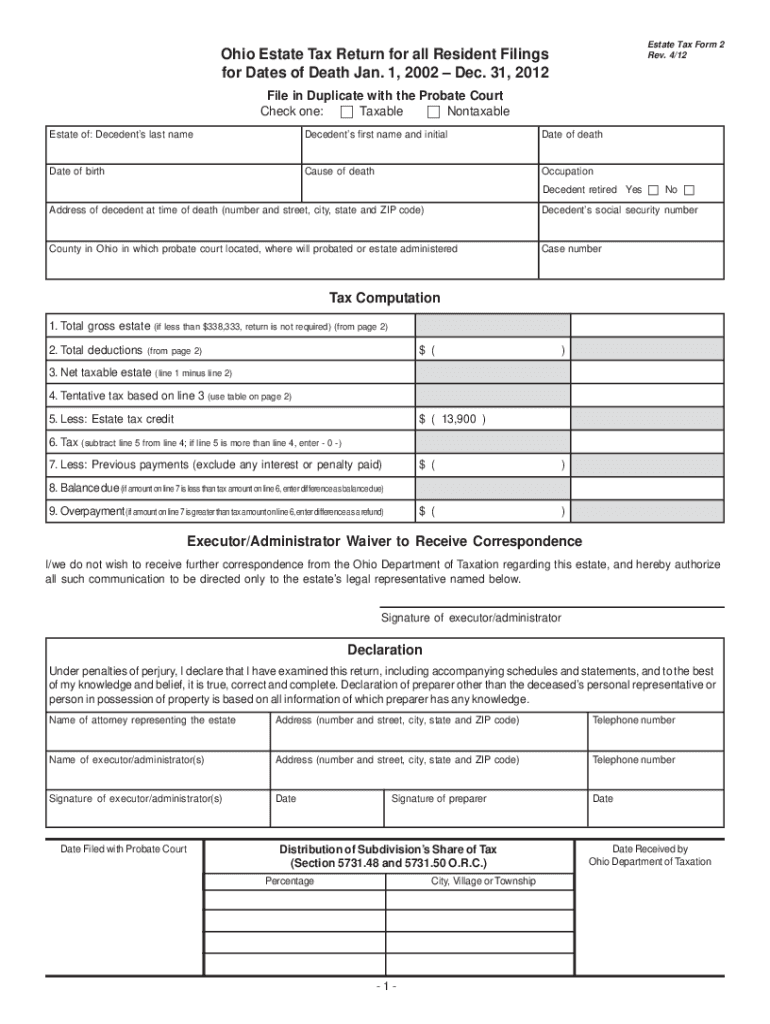 Fillable Online Ohio Form ET 2-LargeEstate (Estate Tax ...