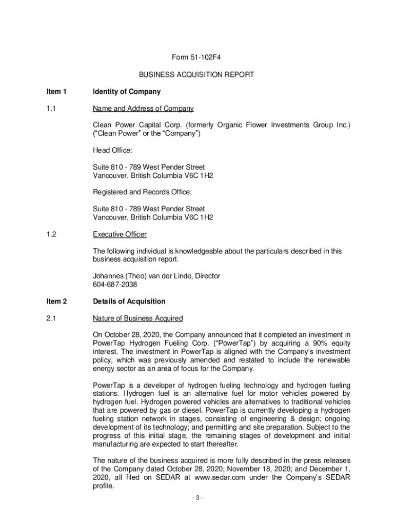 Fillable Online Form 51-102F4 Business Acquisition Report. Form 51 ...