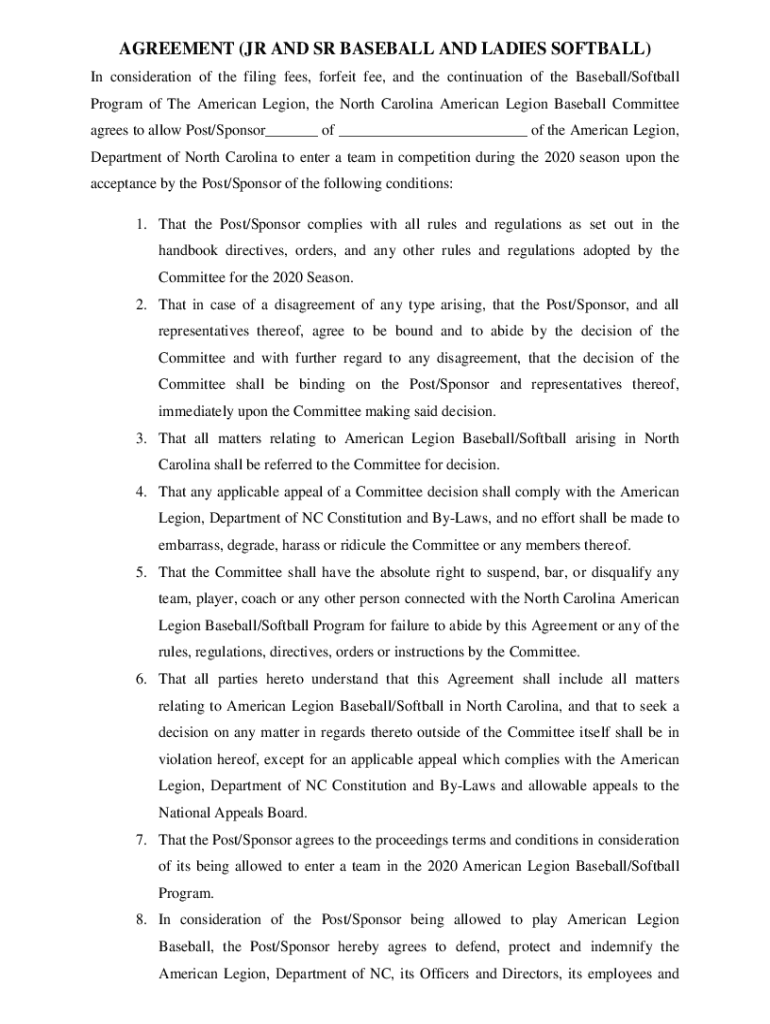 Fillable Online AGREEMENT (JR AND SR BASEBALL AND LADIES SOFTBALL) Fax ...