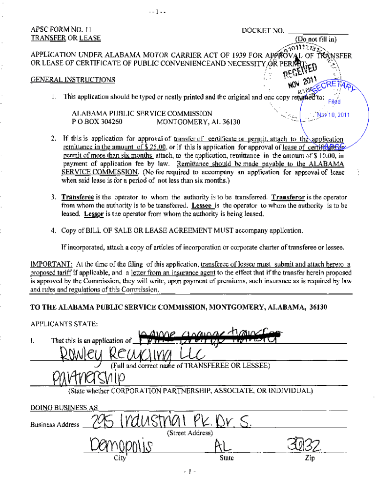 Fillable Online 1 APSC FORM NO. 11 TRANSFER OR LEASE Do not fill in ...