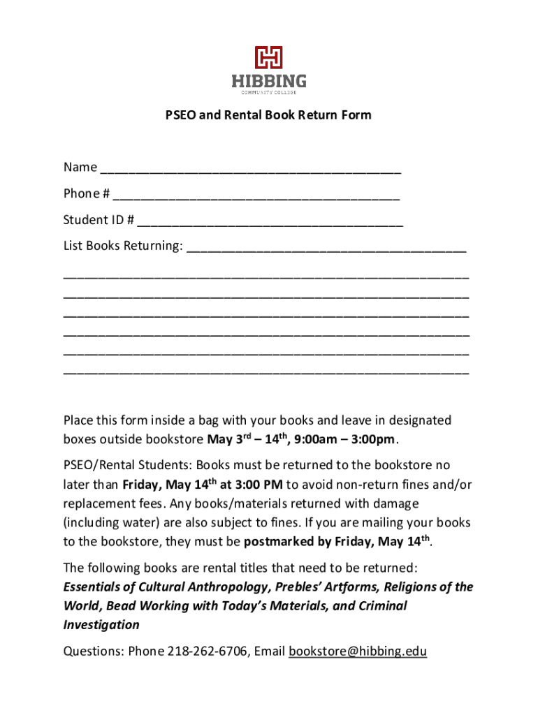 Fillable Online PSEO and Rental Book Return Form Fax Email Print ...
