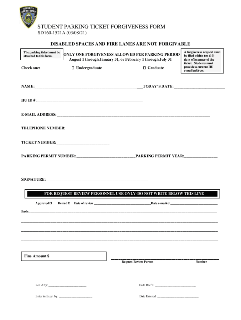 Fillable Online STUDENT PARKING TICKET FORGIVENESS FORM SD160-1521A (03 ...