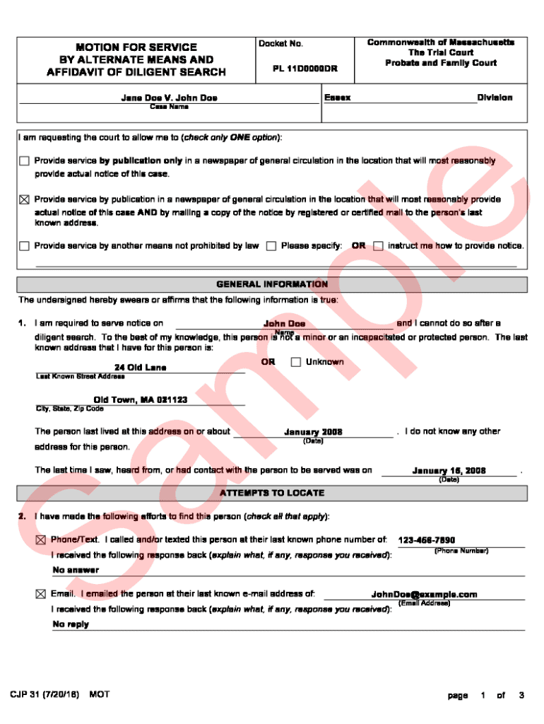 Fillable Online cjp31 Motion for Service Alternate Means and Affidavit ...
