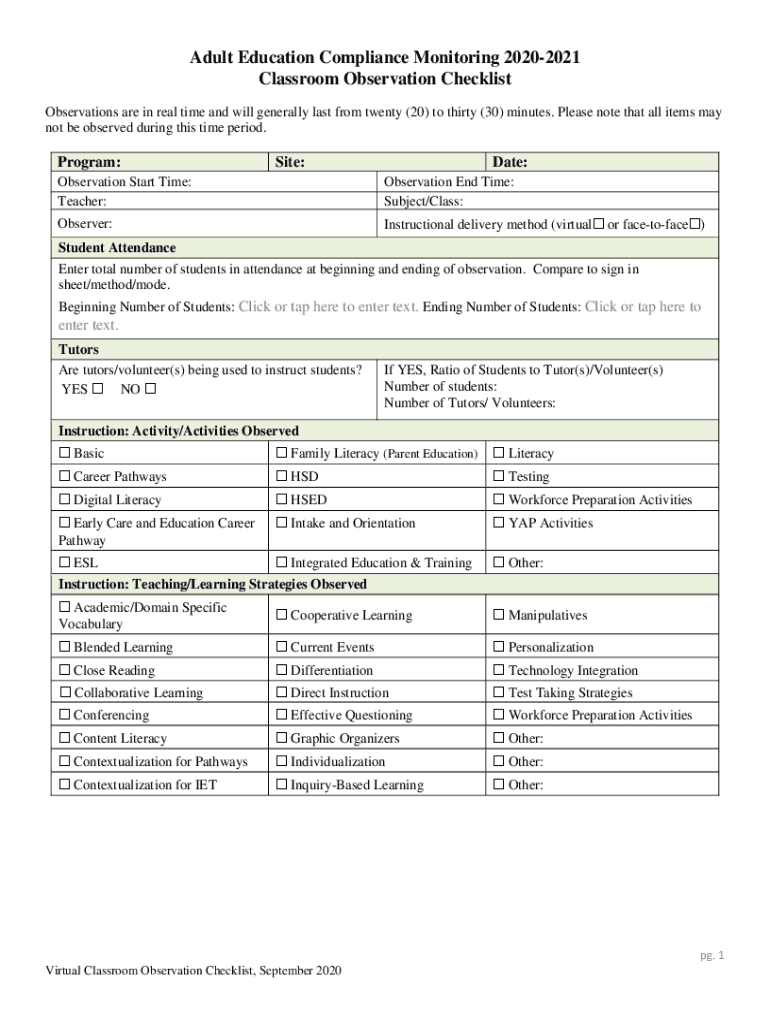 Fillable Online Classroom & Teacher Observation ...