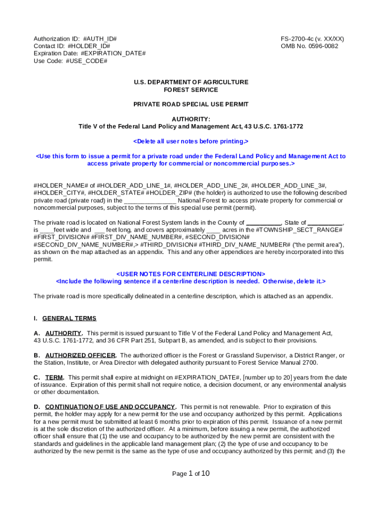 FS-2700-4c, PRIVATE ROAD SPECIAL USE PERMIT Doc Template | pdfFiller