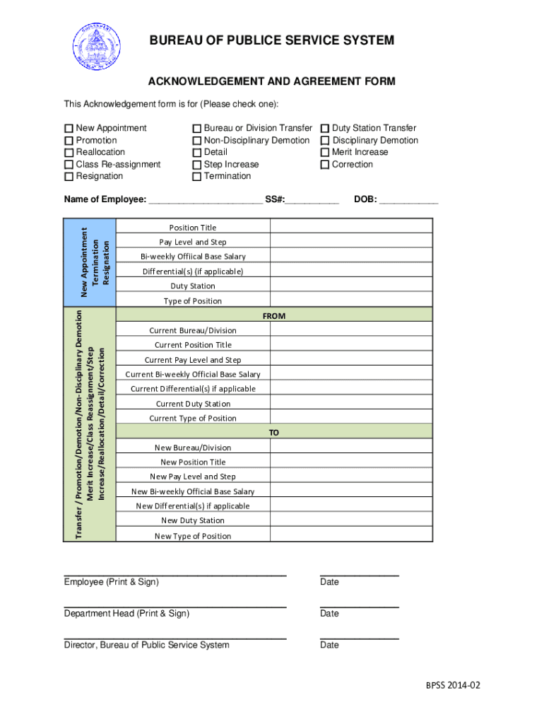 Fillable Online Acknowledgment & Agreement Form BPSS 2014-02 Fax Email ...