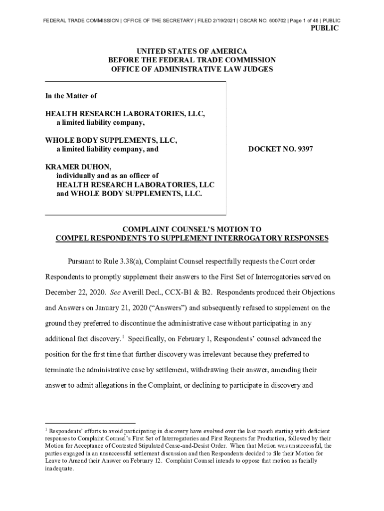 Fillable Online Complaint Counsel's Motion to Compel Respondents to ...