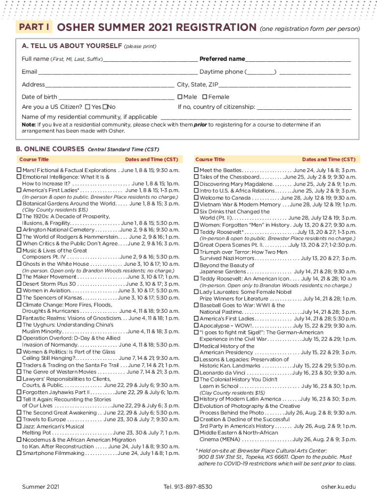 Fillable Online KU Osher Lifelong Learning Institute Summer ...
