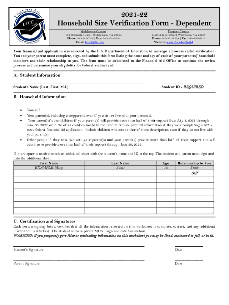 Fillable Online 2021-22 Household Size Verification Form - Dependent - LFCC Fax Email Print ...