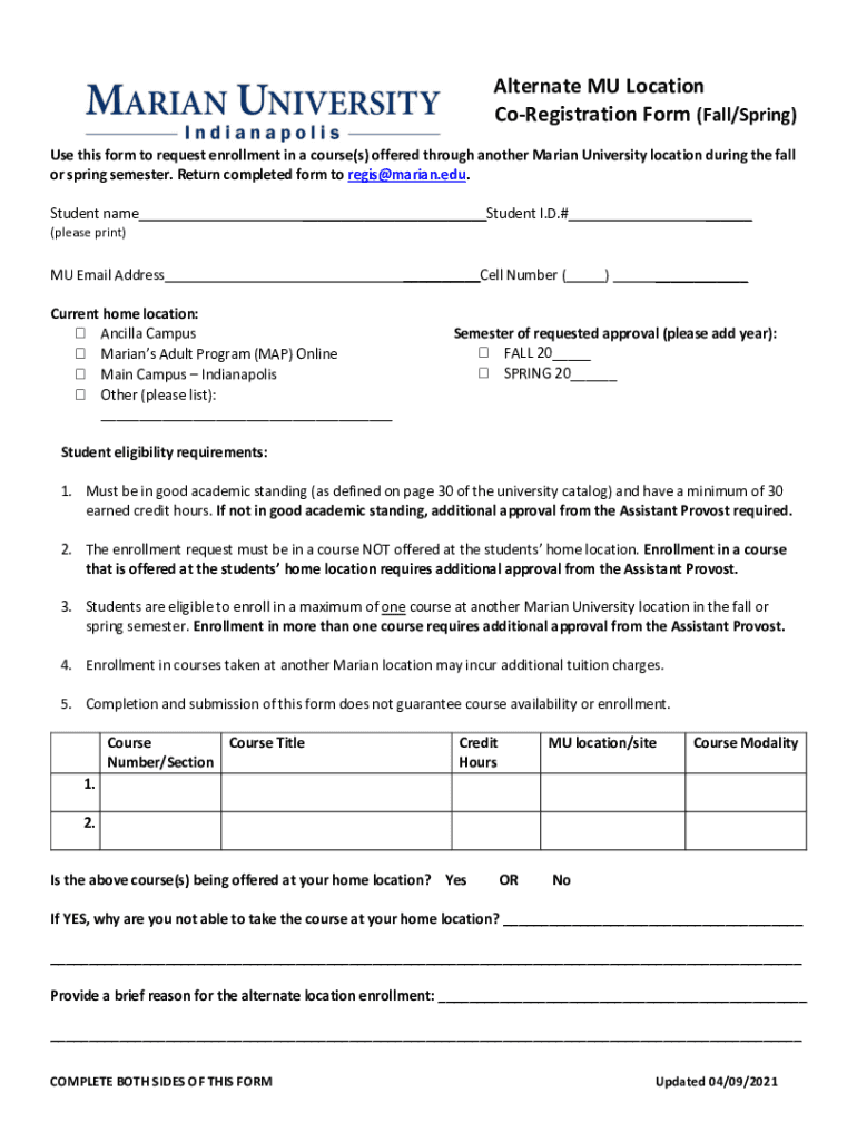 Fillable Online Alternate MU Location Co-Registration Form (Fall/Spring ...