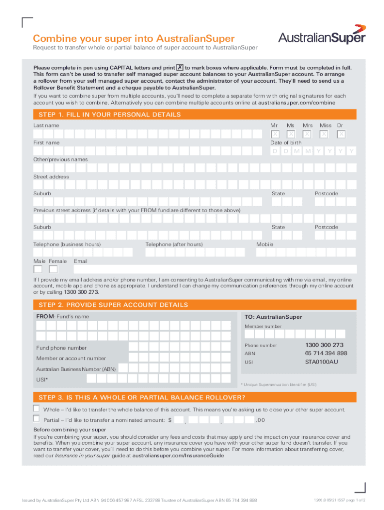 Fillable Online 2019-2021 Form AU Combine Your Super into ...