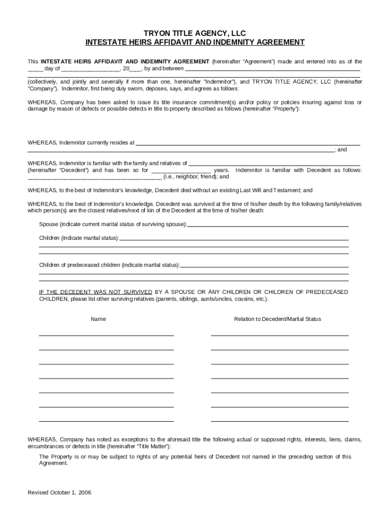 ESTATES-INTESTATE HEIRS AFFIDAVIT & INDEMNITY AGMT. Estates Intestate ...