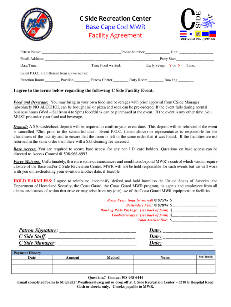 Fillable Online C Side Recreation Center Base Cape Cod MWR Facility ...