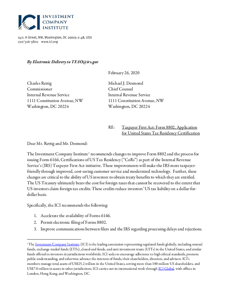 Fillable Online IRS Taxpayer First Act - ICI Letter on Forms 8802 and ...