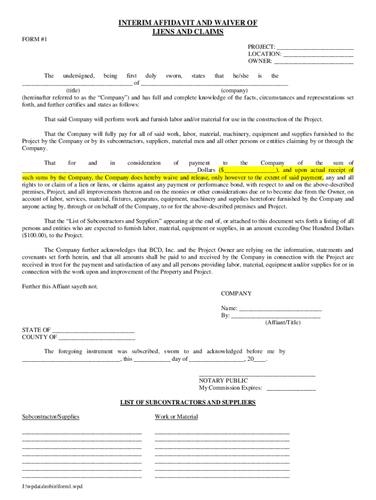 Fillable Online Form 11.22 - Lien Waiver Affidavit Interim by ...