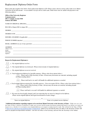 Fillable Online Replacement Diploma Order Form - Miami University Fax ...