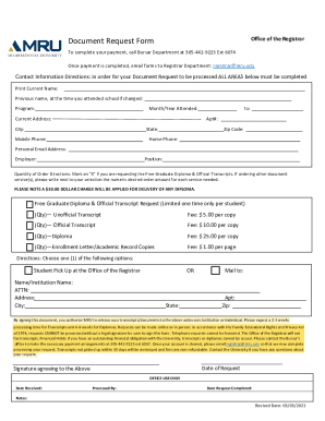 Fillable Online Document Request Form Office of the Registrar - MRU Fax ...
