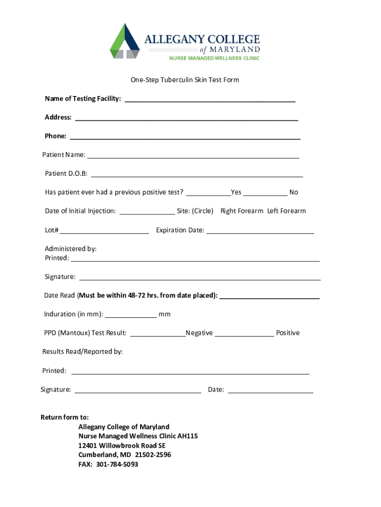 Fillable Online Two-Step Tuberculin Skin Test Form - Allegany College ...