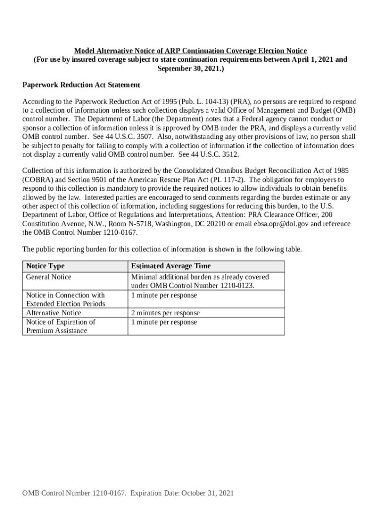 DOL Releases Model Notices for COBRA SubsidiesEmployee ... Doc Template | pdfFiller