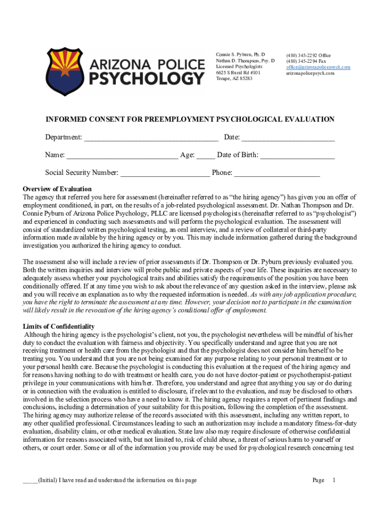 Fillable Online INFORMED CONSENT FOR PREEMPLOYMENT PSYCHOLOGICAL ...